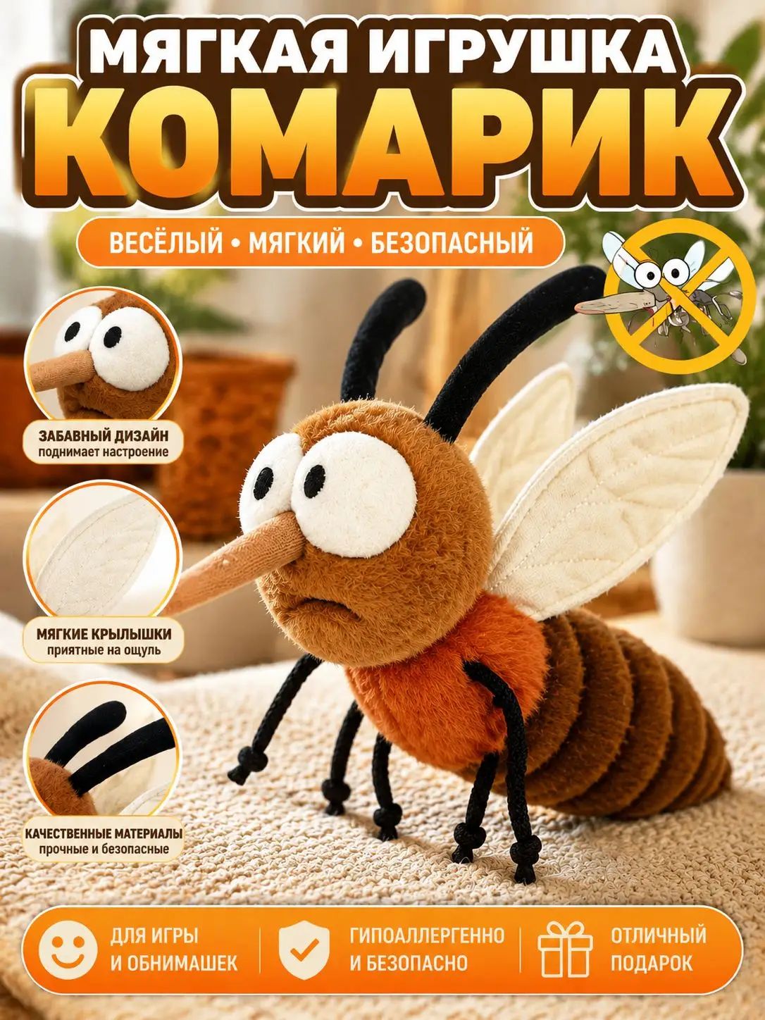 Мягкая игрушка комар из мультфильма коричневая высота 25 см подарок ребенку герой мультика мягкий зверек
