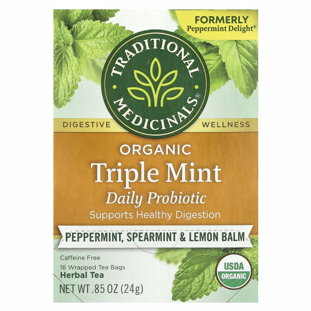 Traditional Medicinals, органический травяной чай, ежедневный пробиотик тройной действия, перечная мята, мята колосистой и мелисса лекарственная, без кофеина, 16 упакованных чайных пакетиков, 24 г (0,85 унции)