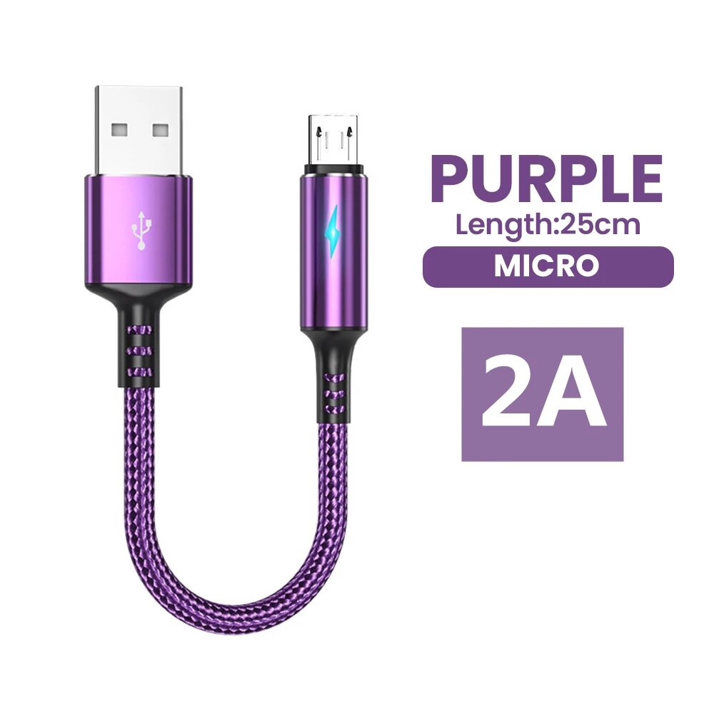 Micro USB кабель, 25см, фиолетовый, 2A