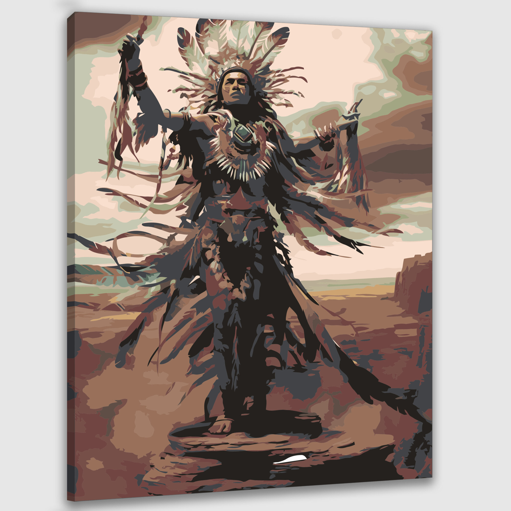 Картина по номерам 40x50 см, шаман, традиционный танец, церемониальные одежды, перья, бусы, головной убор, духовность