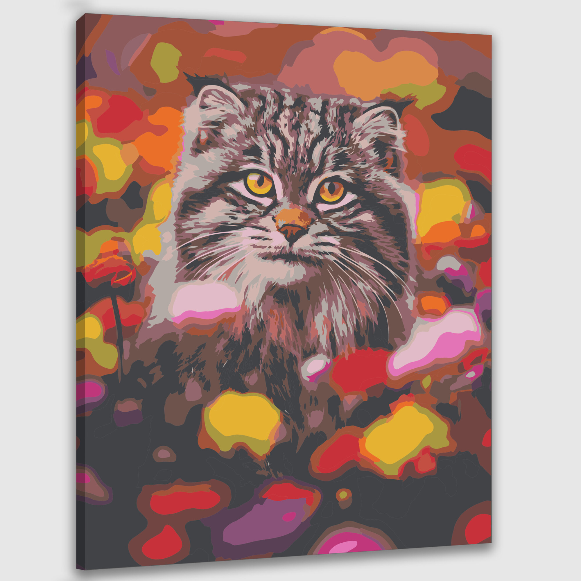 Картина по номерам 40x50 см, манул, фотография, естественная среда, море, полевые цветы, цветной, пронзительный взгляд