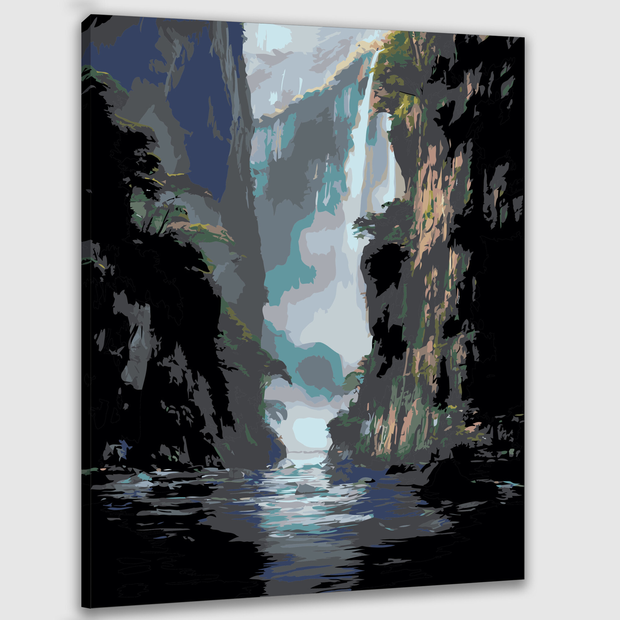 Картина по номерам 40x50 см, водопад, бассейн, скалы, листва, мощь природы, глубина, динамичность, неземной эффект