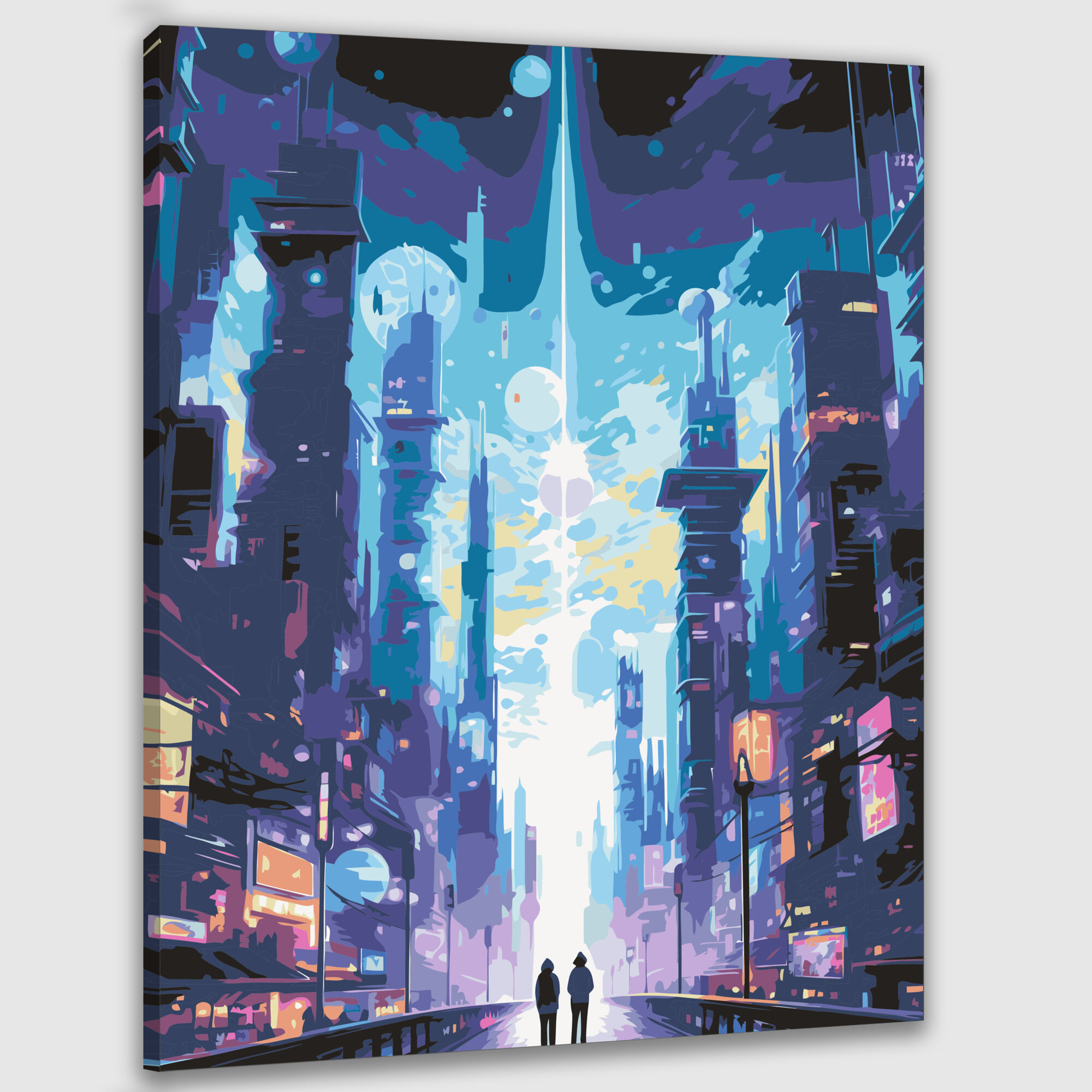 Картина по номерам 40x50 см, футуристический город, небоскребы, неоновое сияние, голографические рекламные