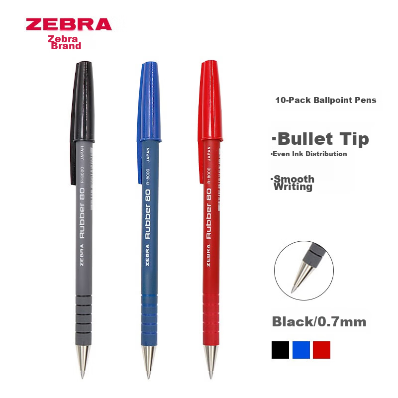 ZEBRA Brand Rubber Pen, 0.7mm Bullet Tip, Ballpoint Pen, Medium Oil Pen, R8000, Black, Pack of 10