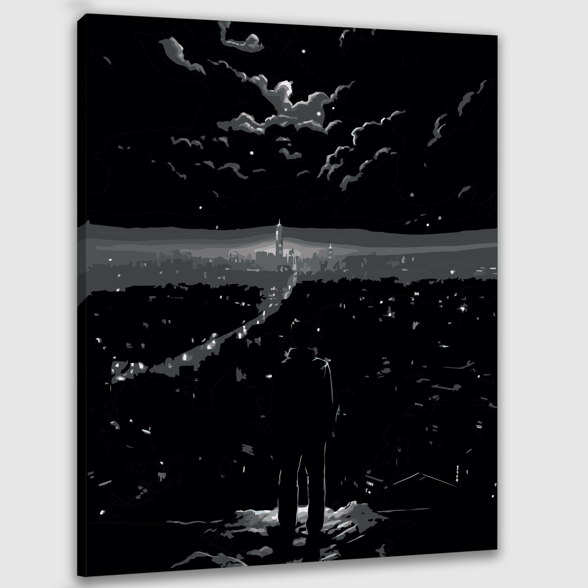 Картина по номерам 40x50 см, черно-белая фотография, одинокая фигура, крыша, мегаполис, городские огни, море звезд
