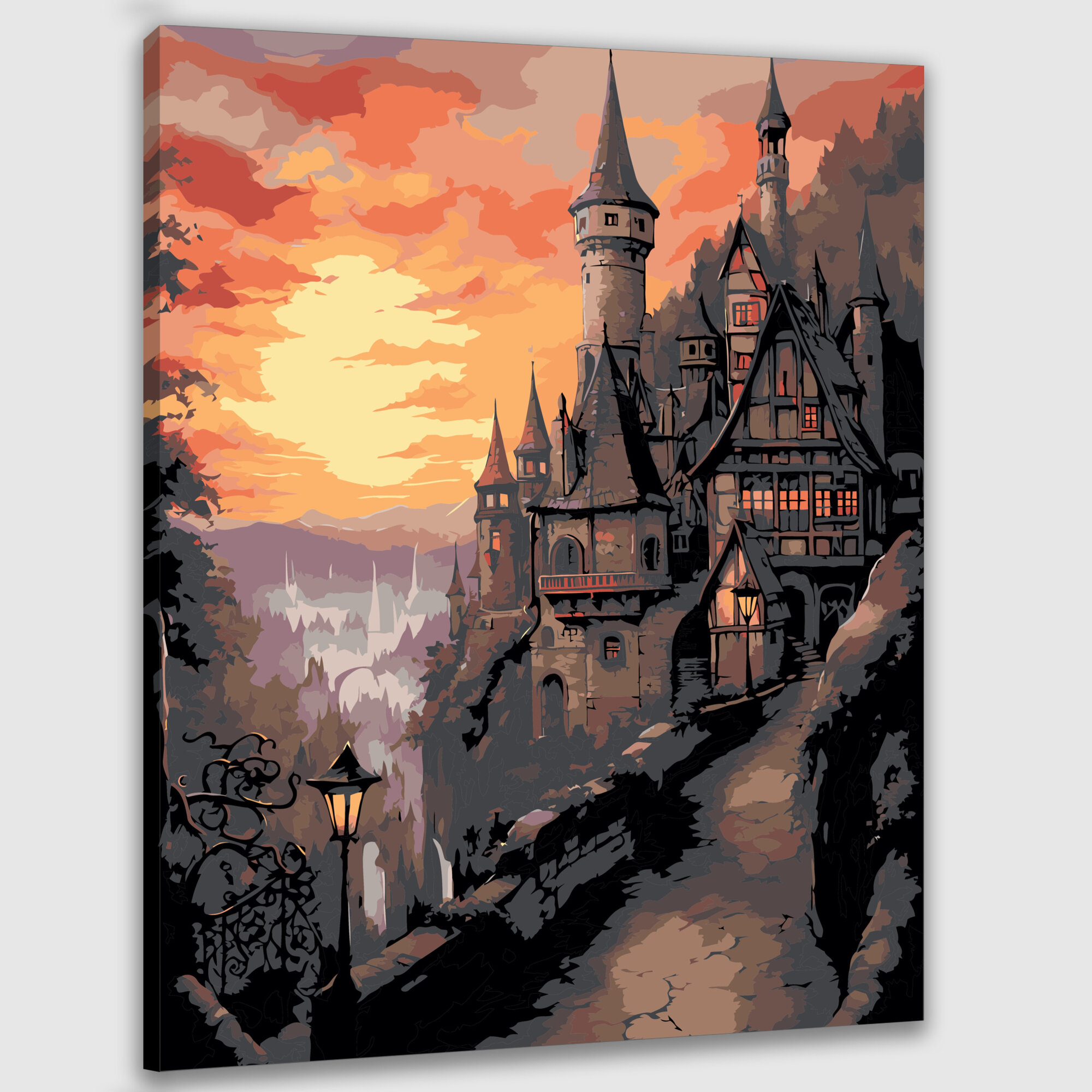 Картина по номерам 40x50 см, картина, акварель, готическая деревня, утес, неспокойное море, закат, пейзаж, свет, дома