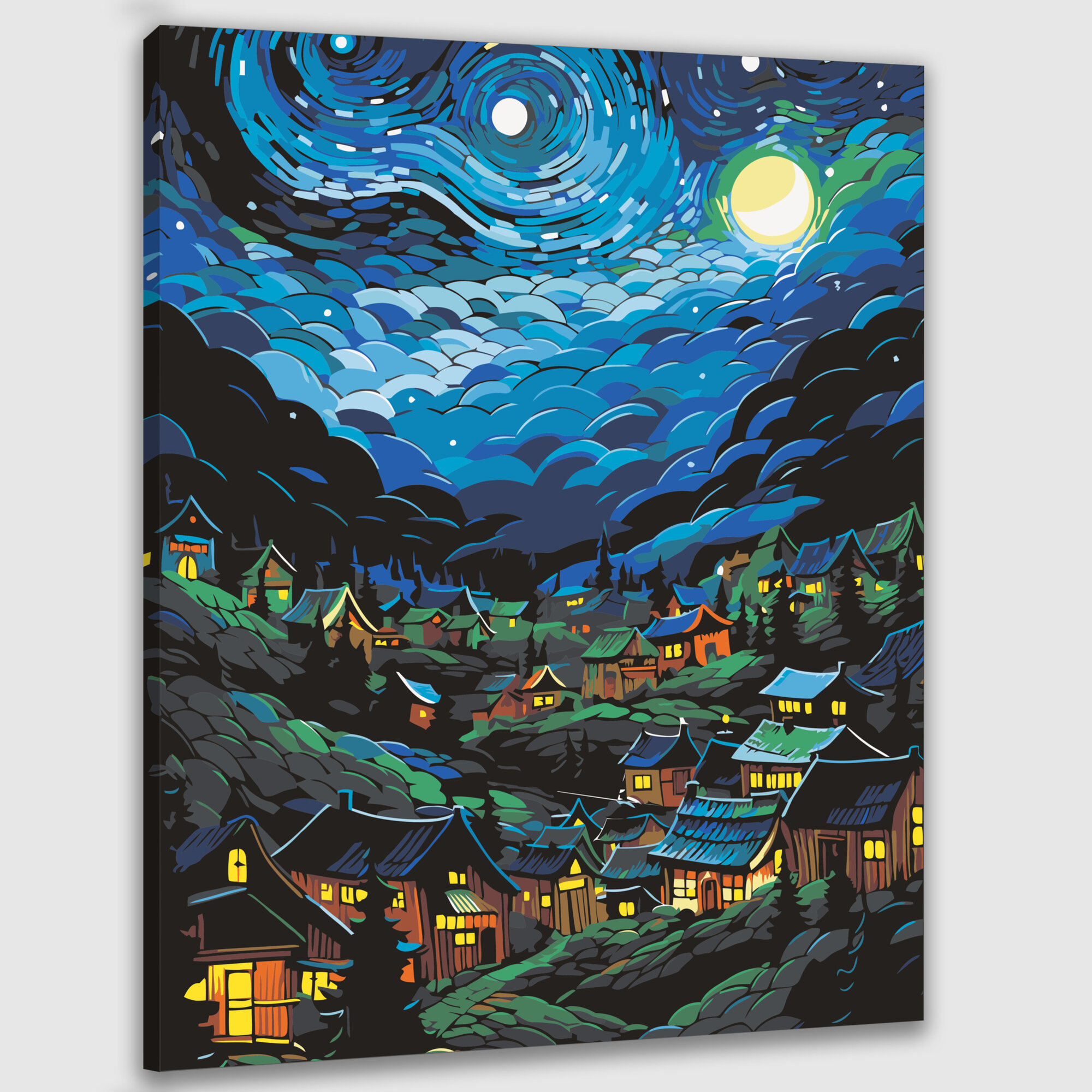 Картина по номерам 40x50 см, звездное ночное небо, сонная деревня, Ван Гог, фирменные мазки, яркая цветовая палитра