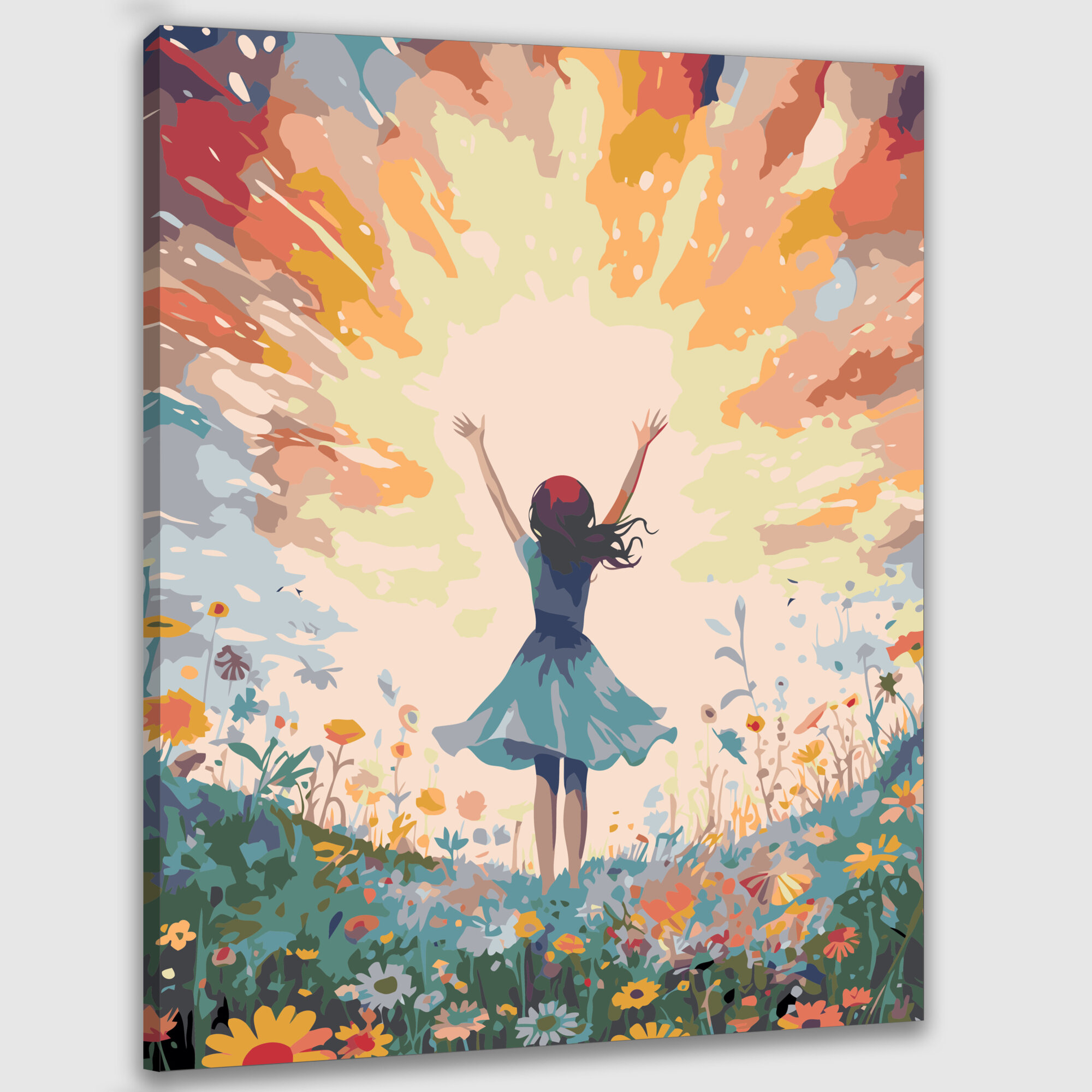 Картина по номерам 40x50 см, девушка, поле цветов, маргаритки, подсолнухи, маки, весна, аромат, удивление, восторг