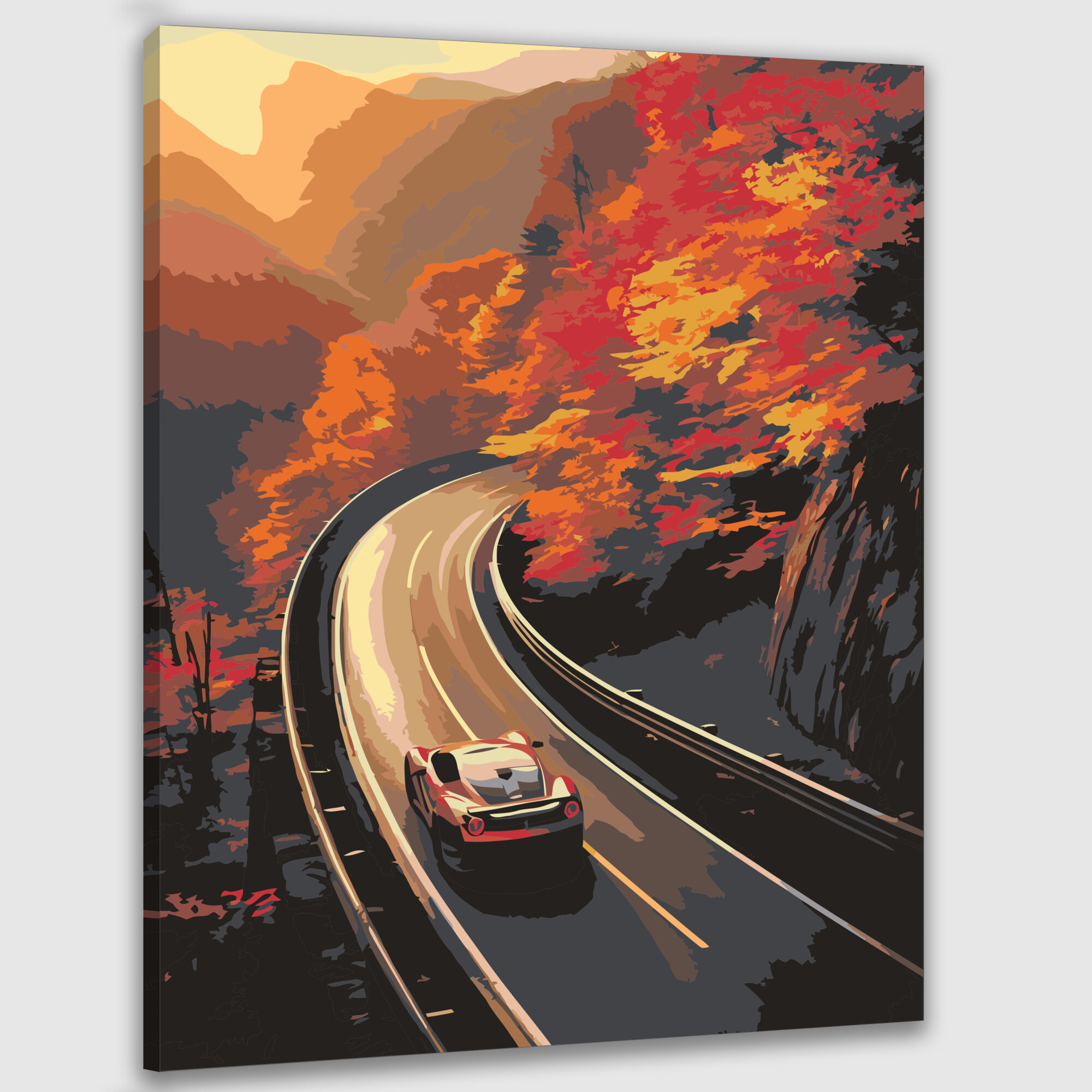 Картина по номерам 40x50 см, автомобиль, движение, горная дорога, осенняя листва, яркие цвета, фон, потрясающий