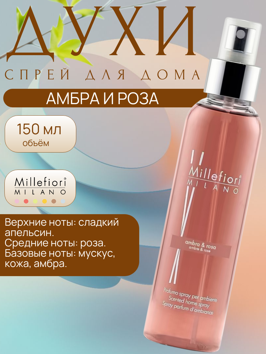 Millefiori Milano NATURAL / Духи-спрей для дома 150 мл Амбра и роза / Ambra & Rosa