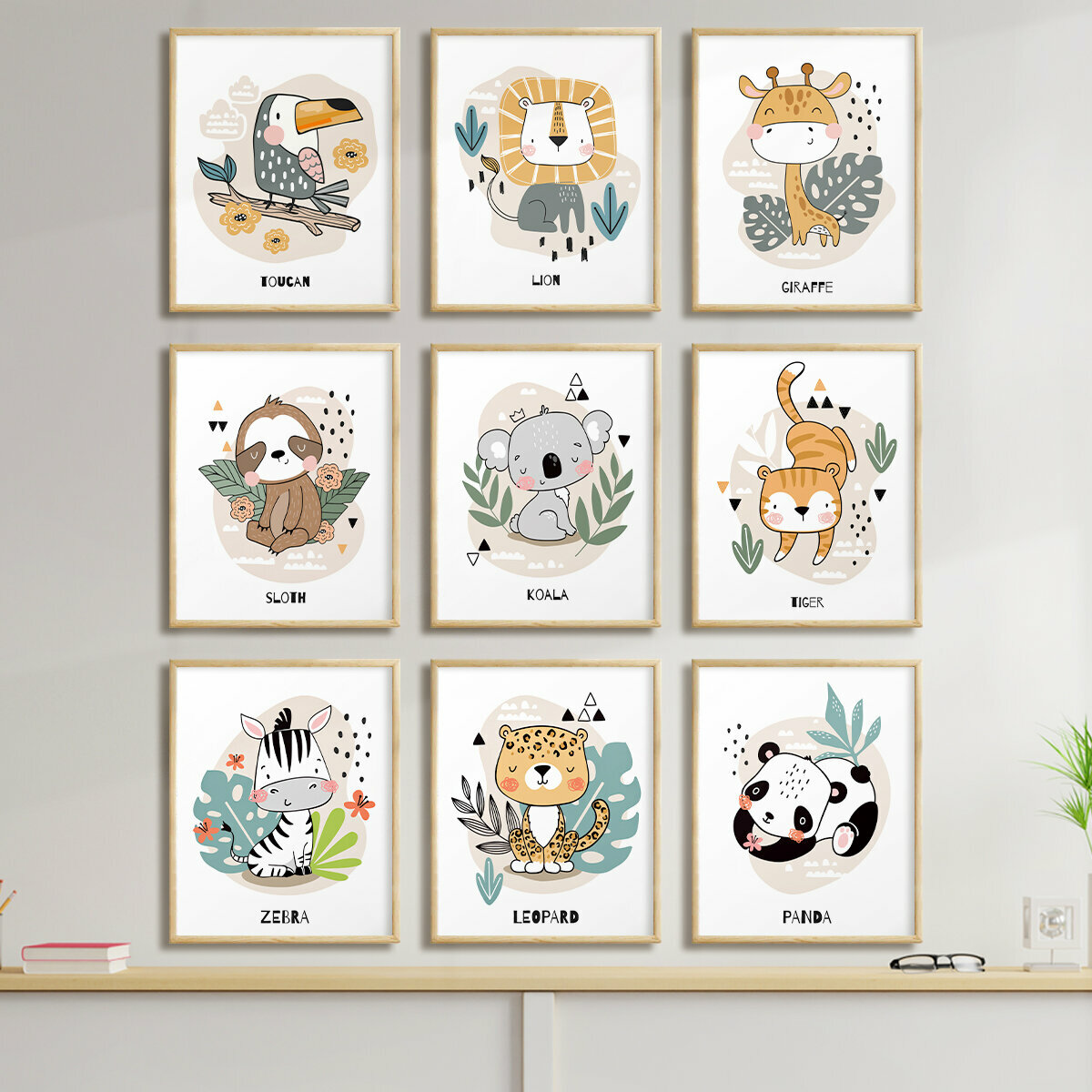 Постер 9 шт 21x30 без рамки "Для детской с животными" набор картин для интерьера