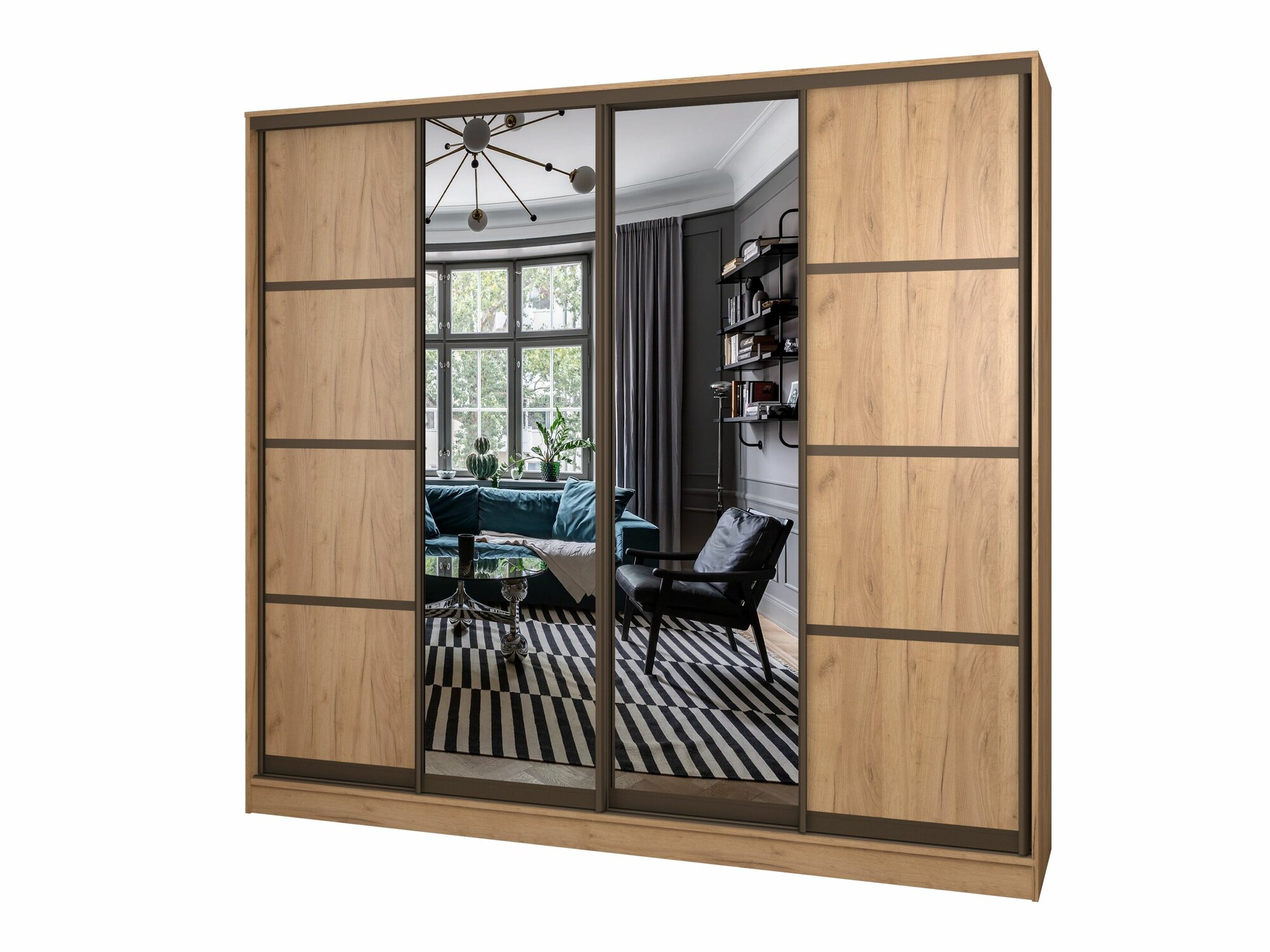 Шкаф-купе Борнео-4-2 четырехдверный, 200х60х210, наполнение 4.1В, дуб крафт золотой, 2 зеркала