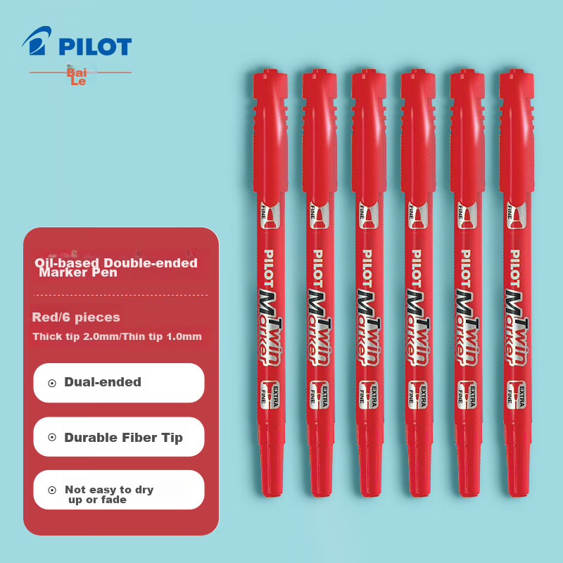 PILOT SCA-TM Dual-Tip Permanent Marker Pens, Colorful Drawing Markers, Quick-Drying Pens, Student Stationery, Office Supplies, Red, 6-Pack