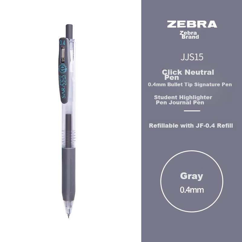 ZEBRA 0.4mm Bullet Tip Retractable Gel Pen, Colorful Student Notebook Signing Pen, Study Marking Coloring Journal Pen, JJS15, Gray, Single Pen