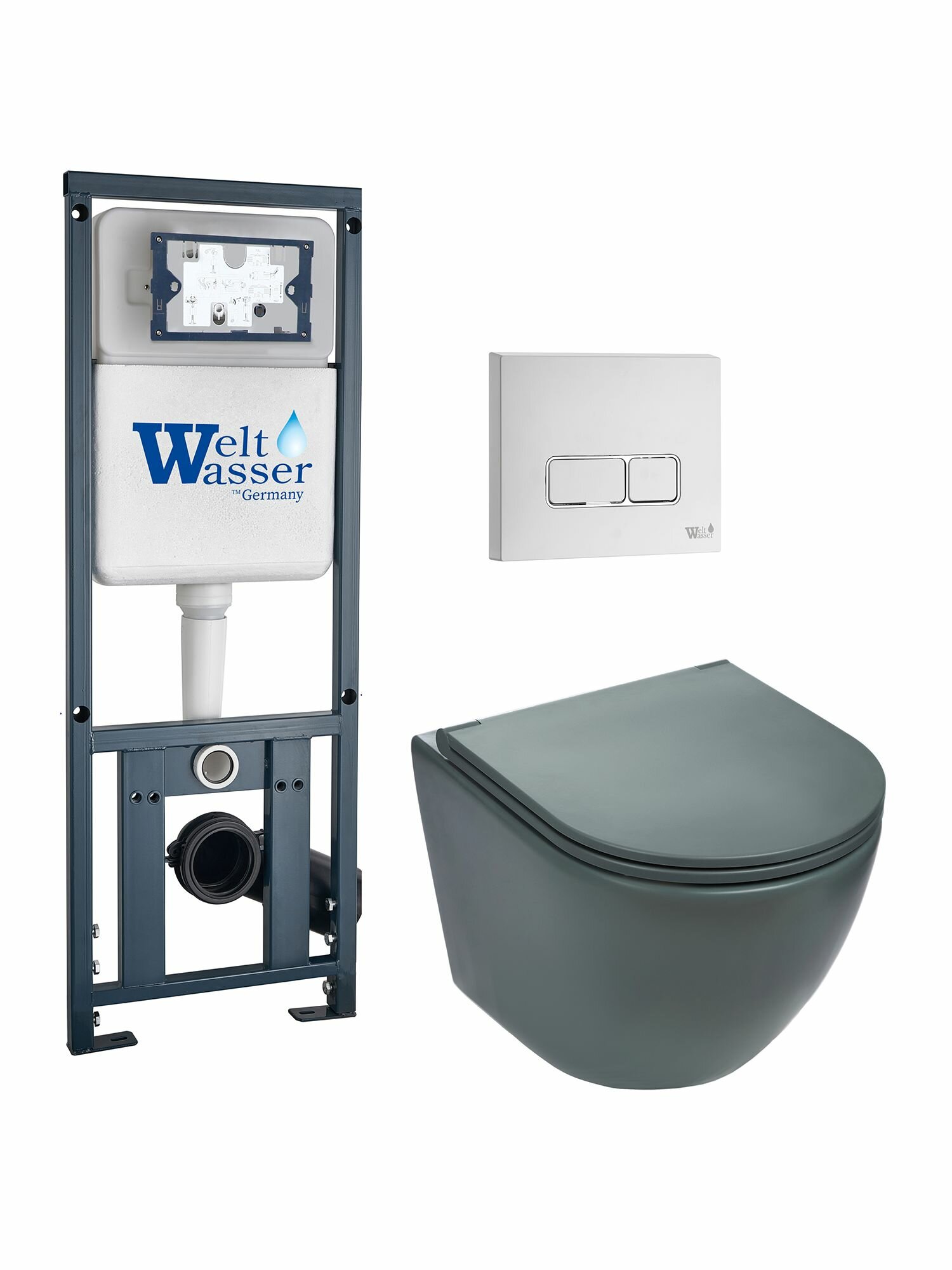 Комплект 6 в 1 WeltWasser: подвесной унитаз MERZBACH 043 MT-GR серый+кнопка смыва MAR 410 SE GL-WT белый+инсталляция MARBERG 410