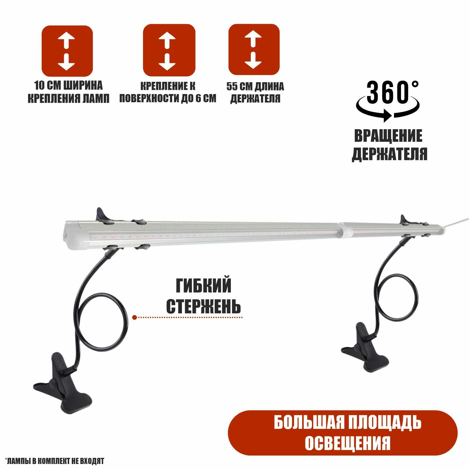 Подставка для фитосветильника 2РP-B из 2 гибких черных держателей для фитолампы на пластиковой прищепке