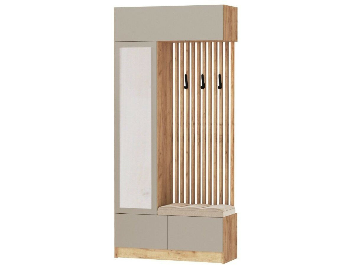 Прихожая-комплект, 3 крючка, обувницы с мягким сиденьем, зеркало, дуб крафт золотой/кашемир