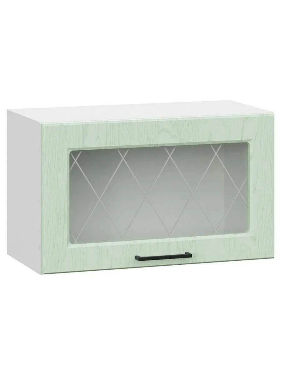 Кухонный модуль навесной, шкаф Шервуд с полками, 60х29.6х36 см, Белый / Шато мята со стеклом