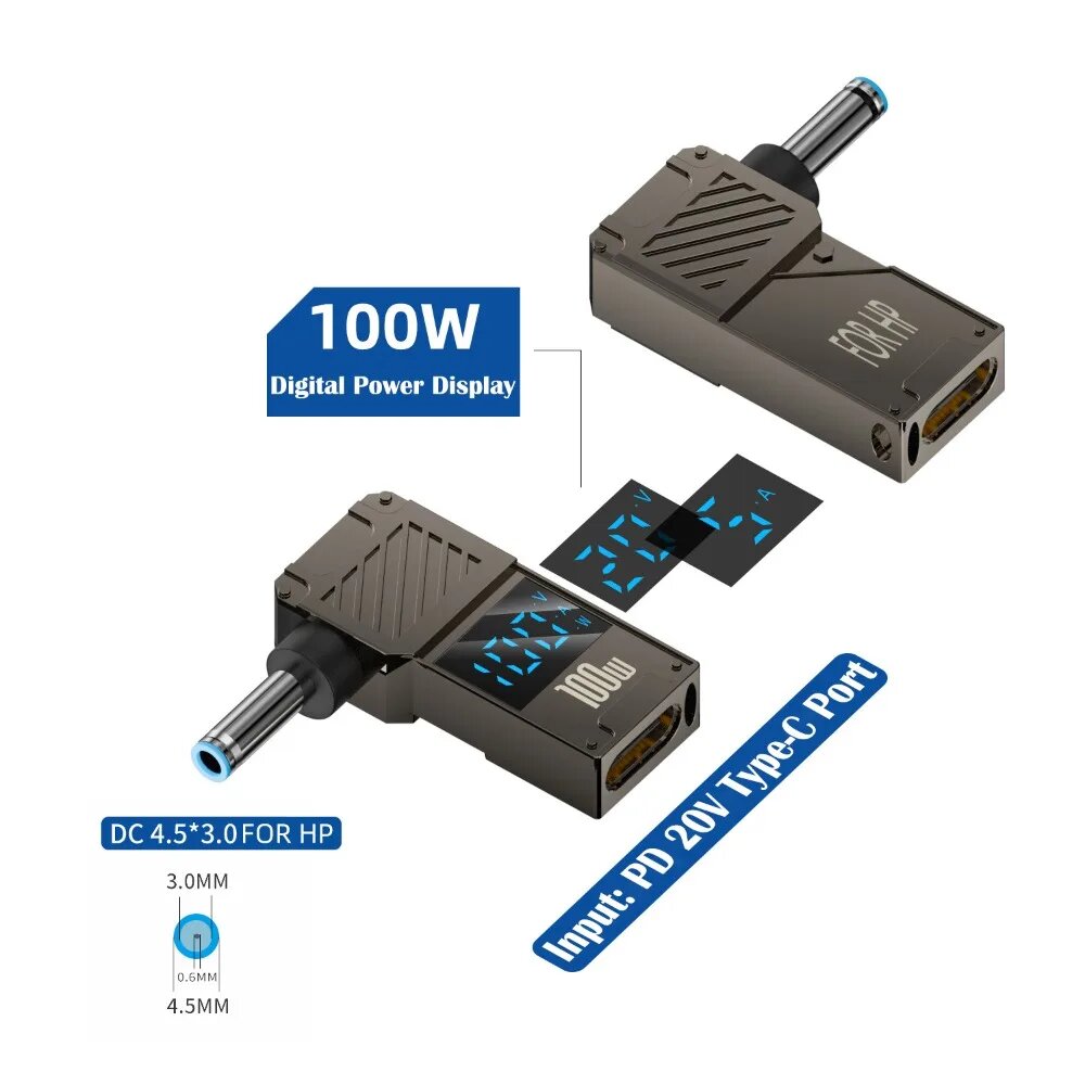 Конвертер USB-C в постоянный ток 100 Вт с цифровым дисплеем 4.5x3.0 for HP