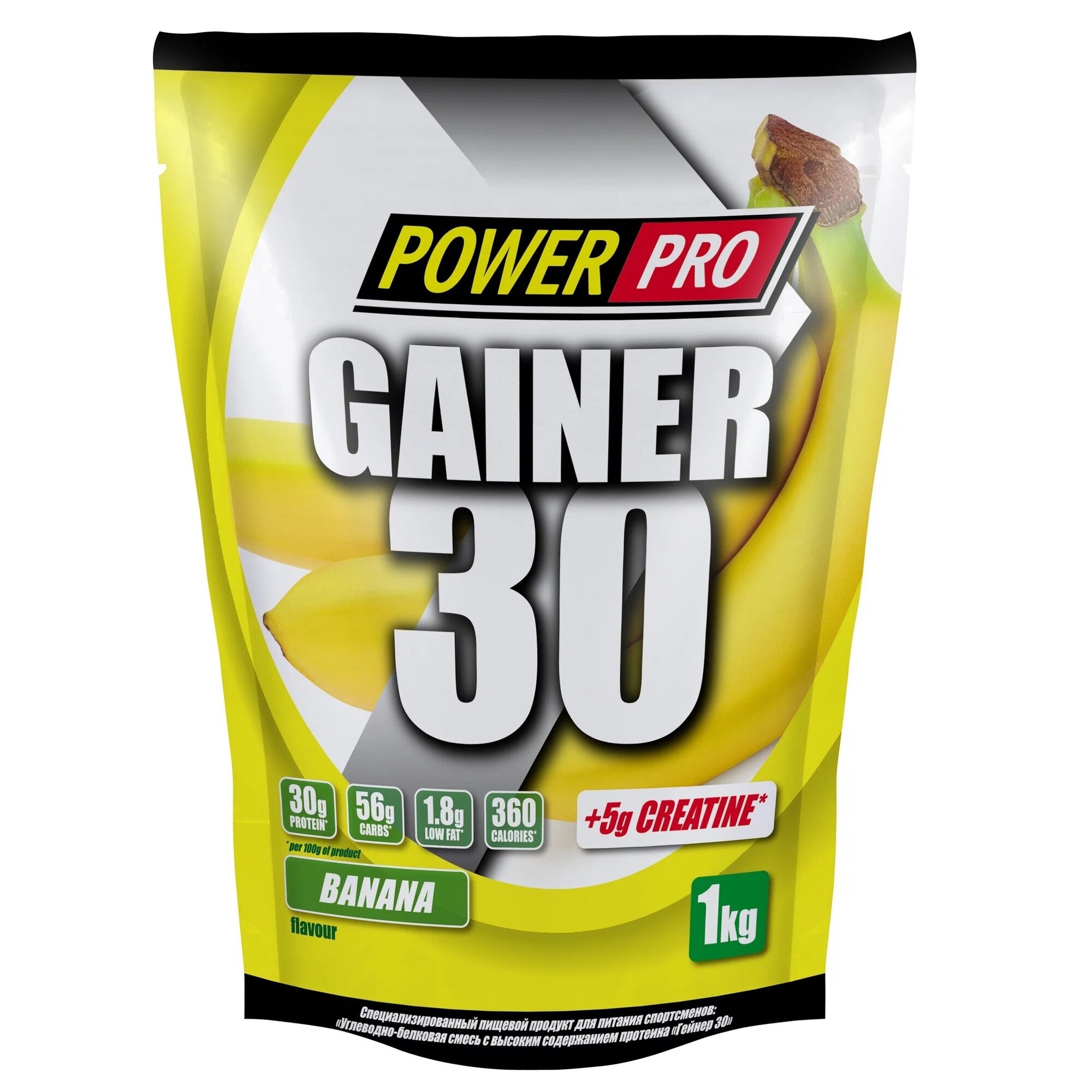 Гейнер Поддержка роста мышечных волокон Gainer 30 1000 гр (Power Pro) Банан