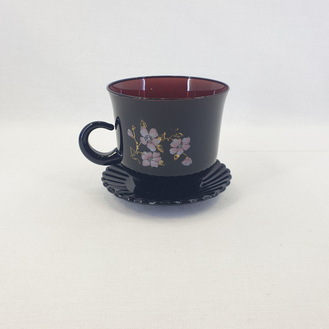 Чайная пара, цветное стекло, деколь, 220 мл, винтаж, СССР