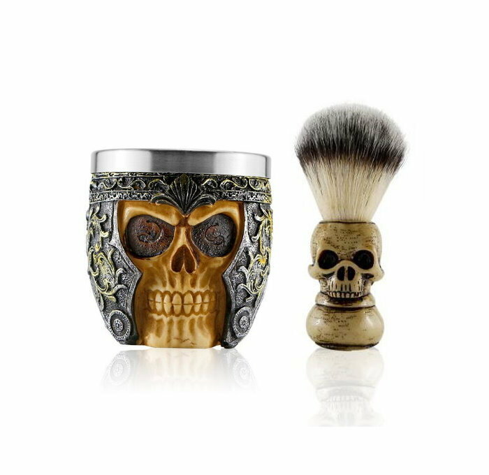 Набор для бритья: чаша Череп в шлеме с помазком кремового цвета