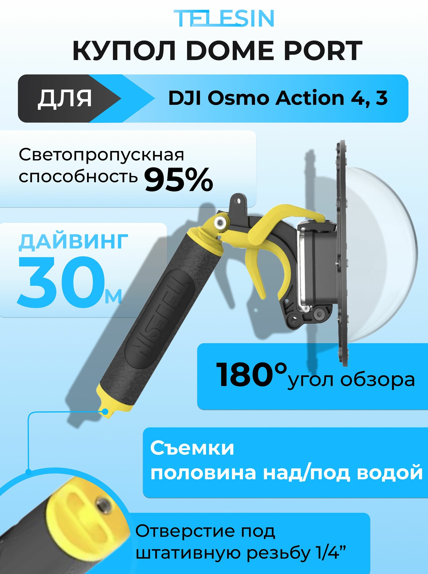 Купол Dome Port для экшн камеры DJI Osmo Action 4, 3 дом порт аквабокс кейс