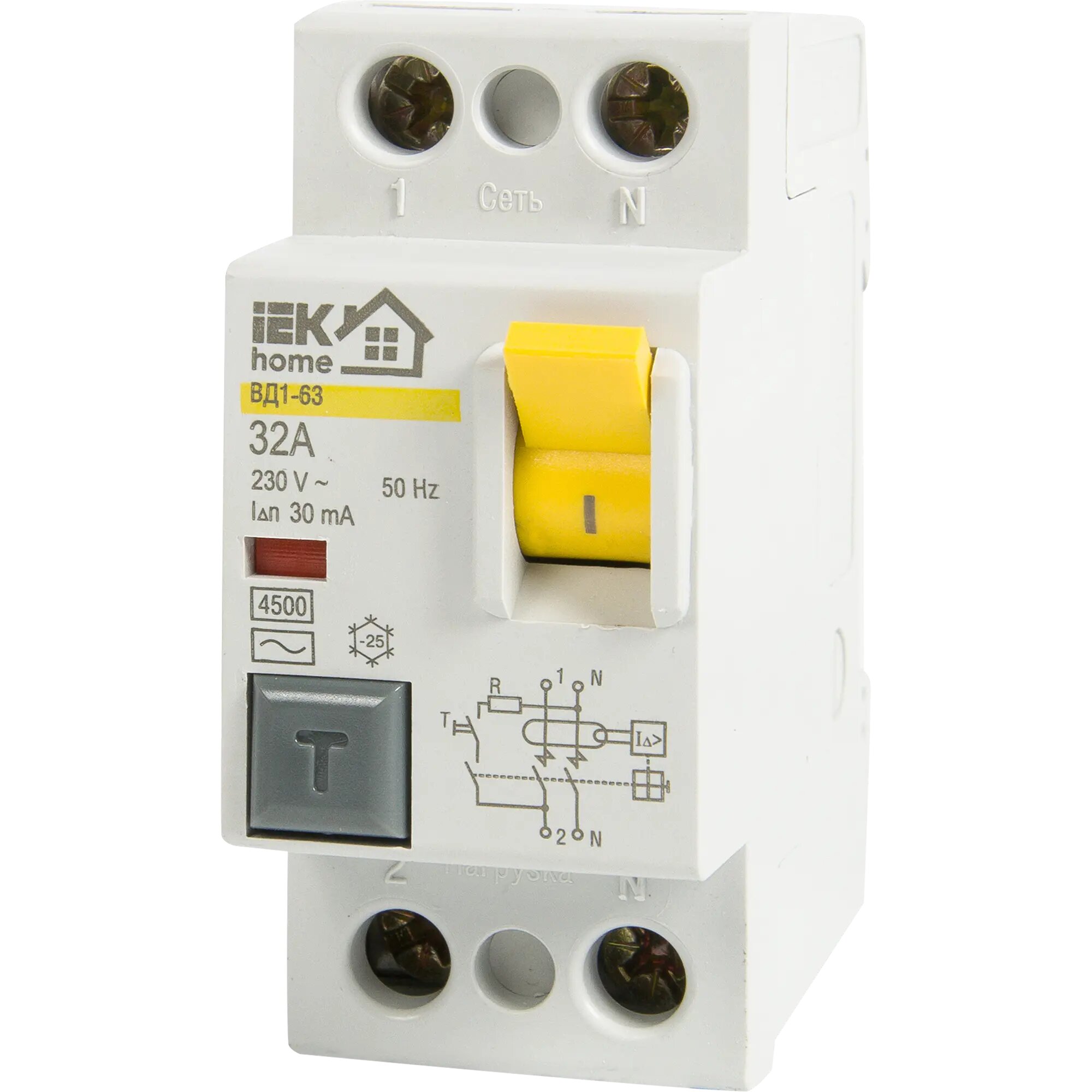 IEK Home УЗО ВД1-63 1P N 32 А 30 мА 4.5 кА AC MDV10-2-032-030 для бытовой электросети