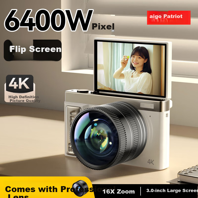 Aigo Patriot E9S Flip Screen Selfie Student Digital Camera Birthday Gift for Girls Entry-level Micro Single Campus HD Travel Flat CCD White 64GB with Wide-angle Lens