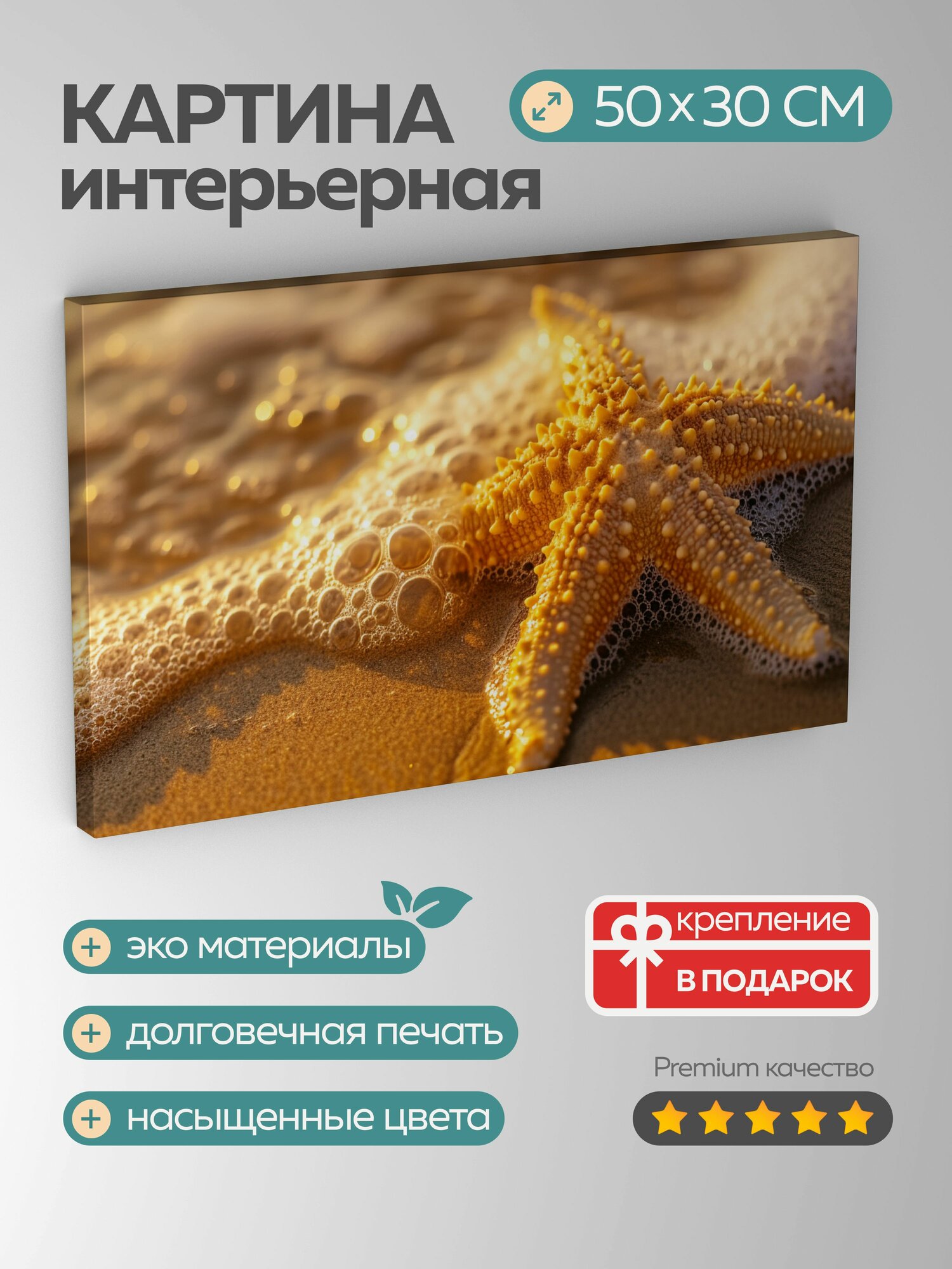 Картина на холсте интерьерная 50х30 см, фотография, морская звезда, песчаный пляж, нежные волны, золотистый свет
