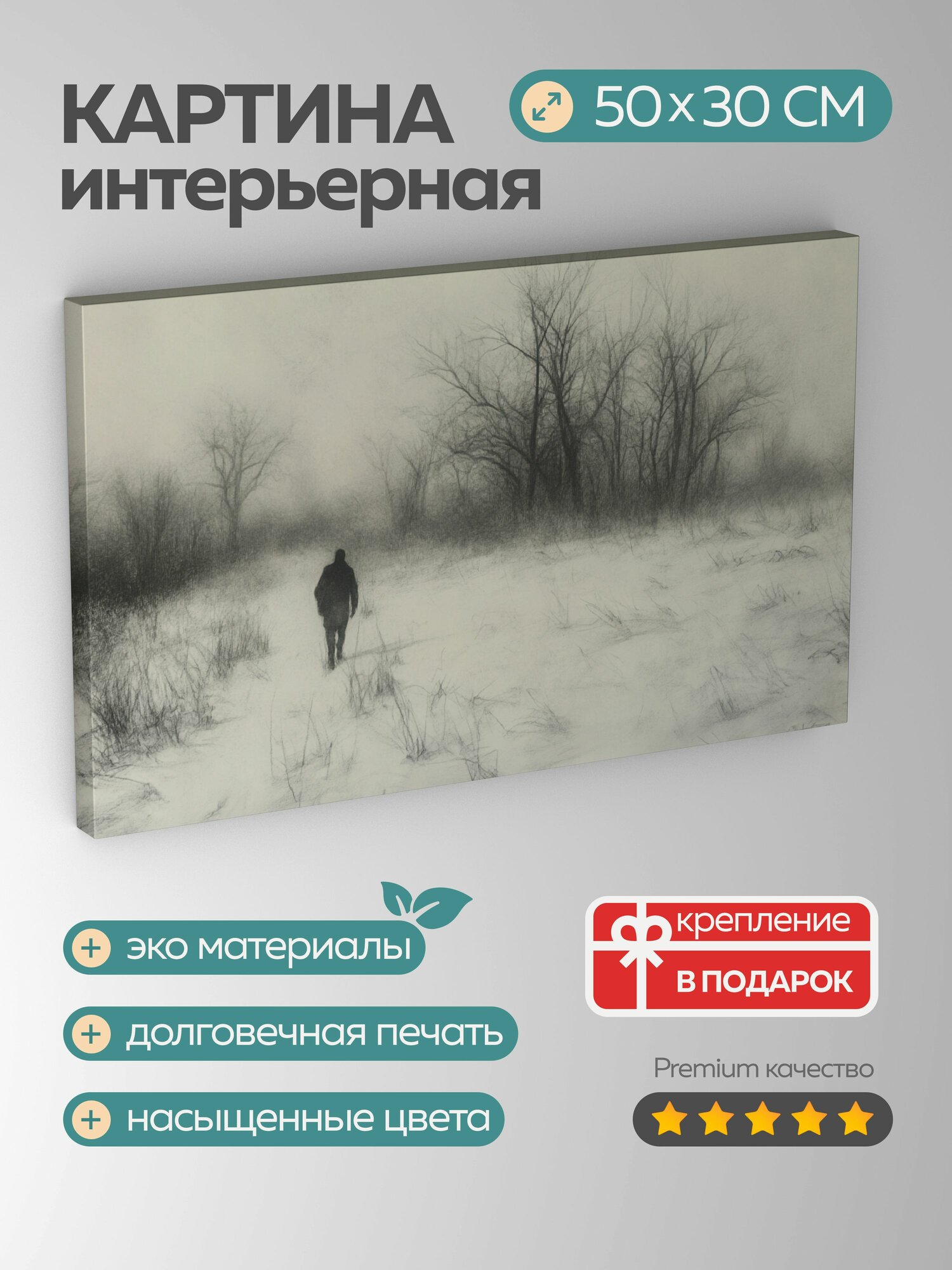 Картина на холсте интерьерная 50х30 см, картина, уголь, одинокая фигура, иней, луг, утро, свет, тень, покой
