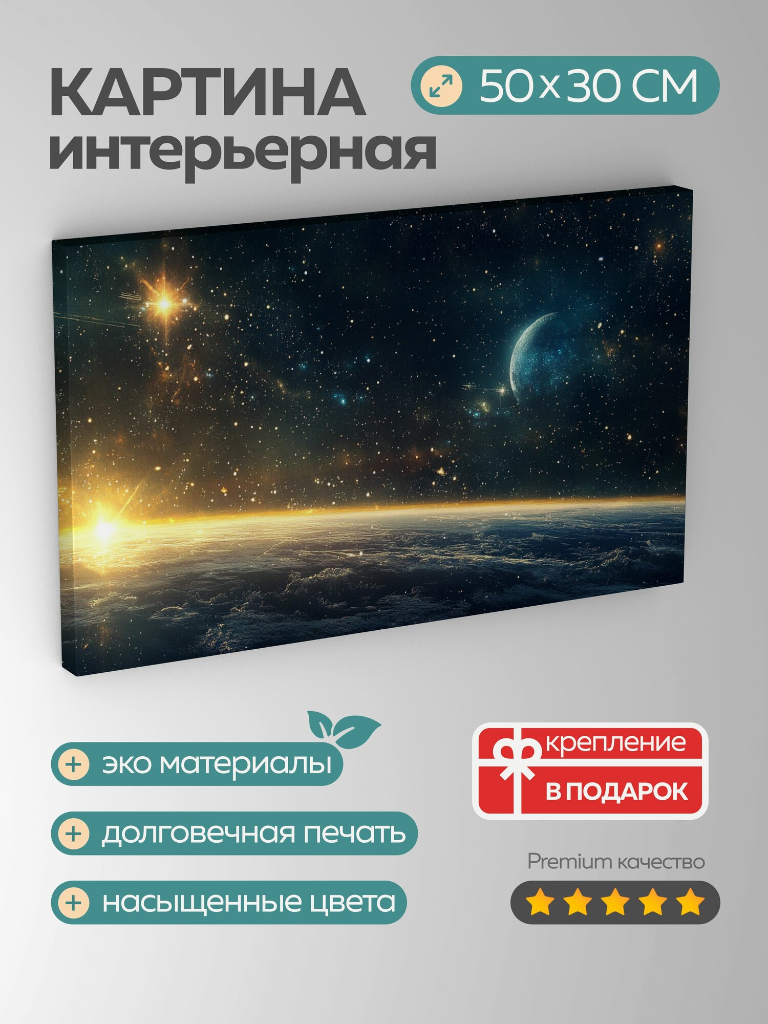 Картина на холсте интерьерная 50х30 см, цифровая художественная к, космическая станция, далекая планета, звездное небо