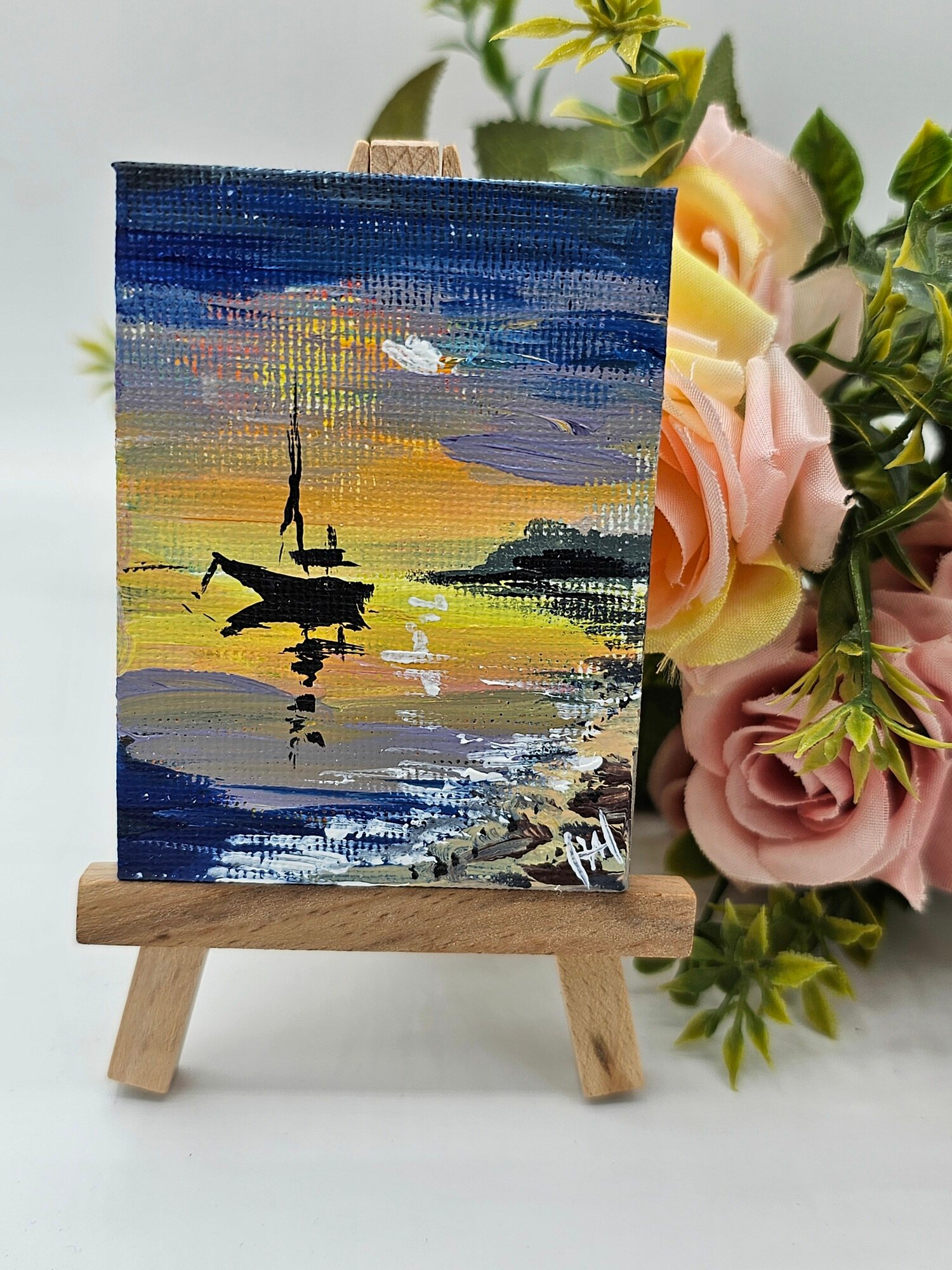 Миниатюра акрилом на холсте 6х8см "Яхта" с мольбертом, авторская ручная работа