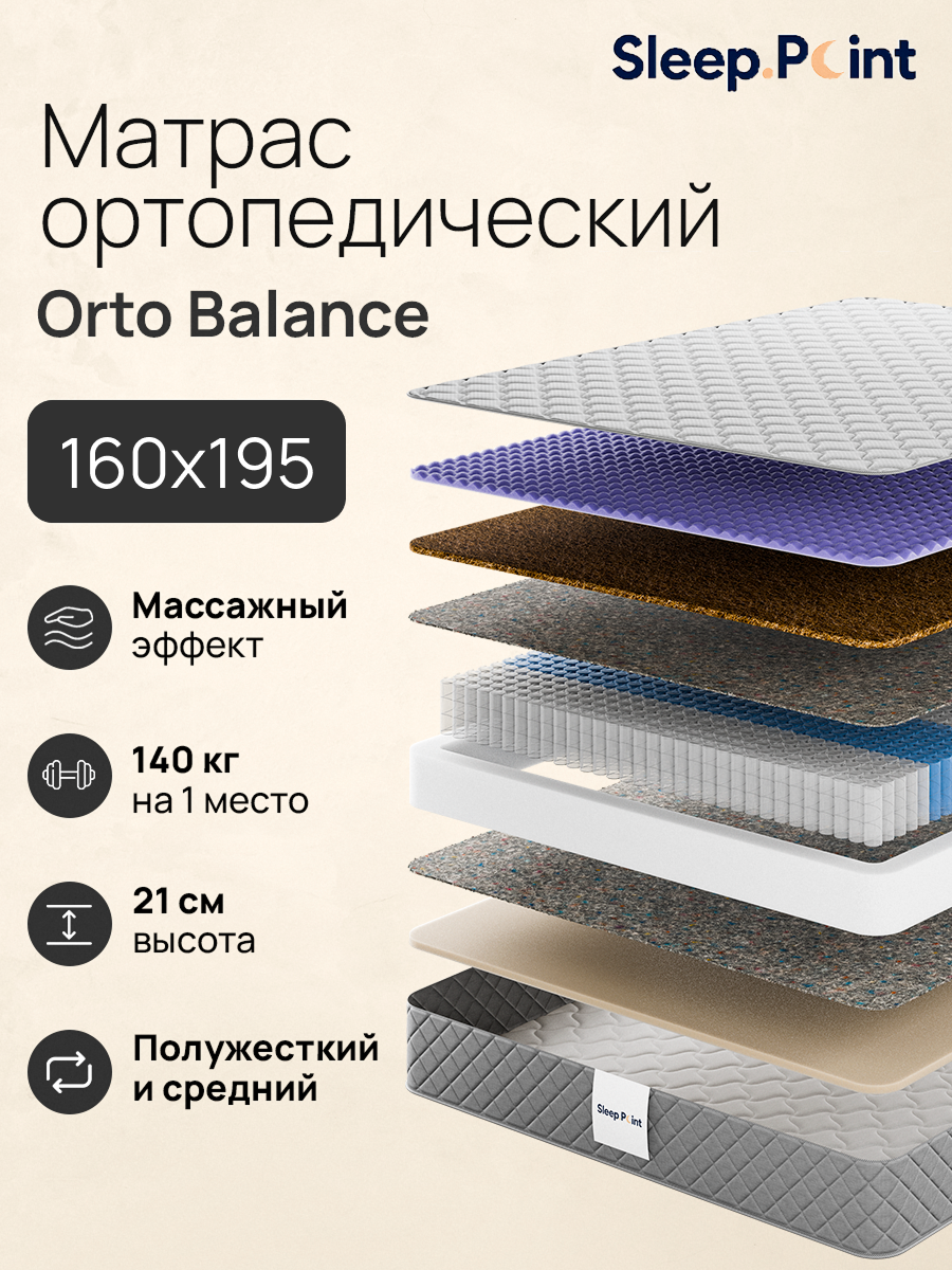 Матрас Sleep.Point ORTO BALANCE, ортопедический, 160см x 195см, белый