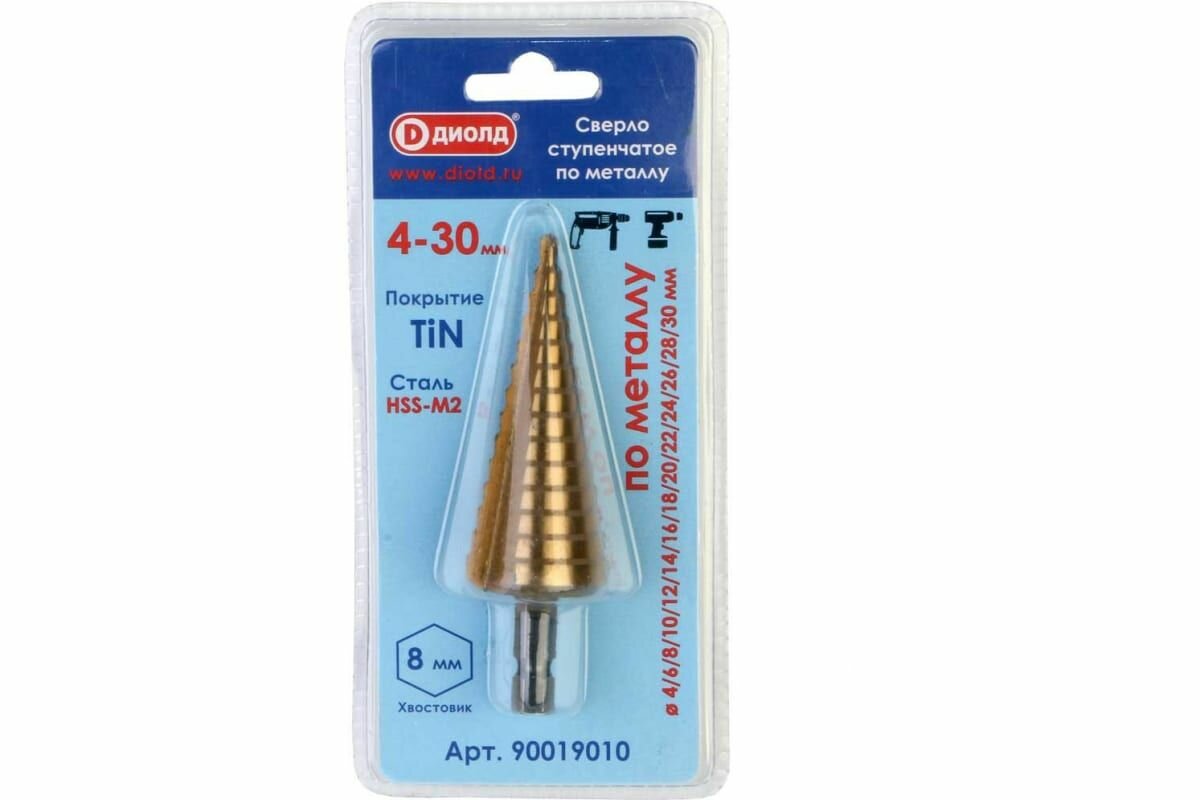 Сверло ступенчатое по металлу 4-30 мм, покрытие TiN. HSS(M2) диолд 90019010