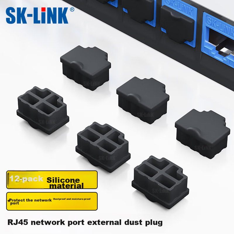 SK-LINK RJ45 Network Port Dust Plug, Ethernet Port Cover, Moisture-Proof Sealing Plug, Universal for Patch Panels, Switches, Computers, Industrial Control Machines, Routers, Black, 12-Pack