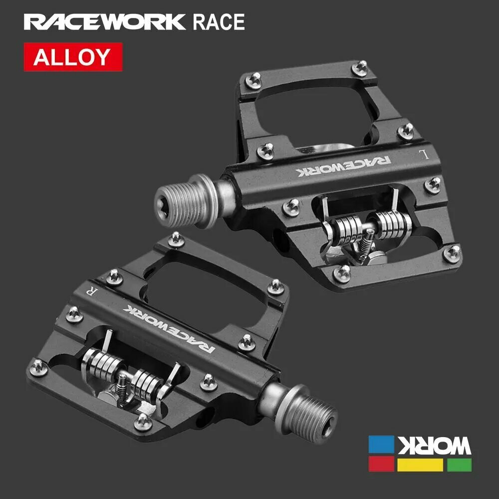 Педали гибридные RACEWORK SPD для велосипеда, универсальные с шипами чёрный металл