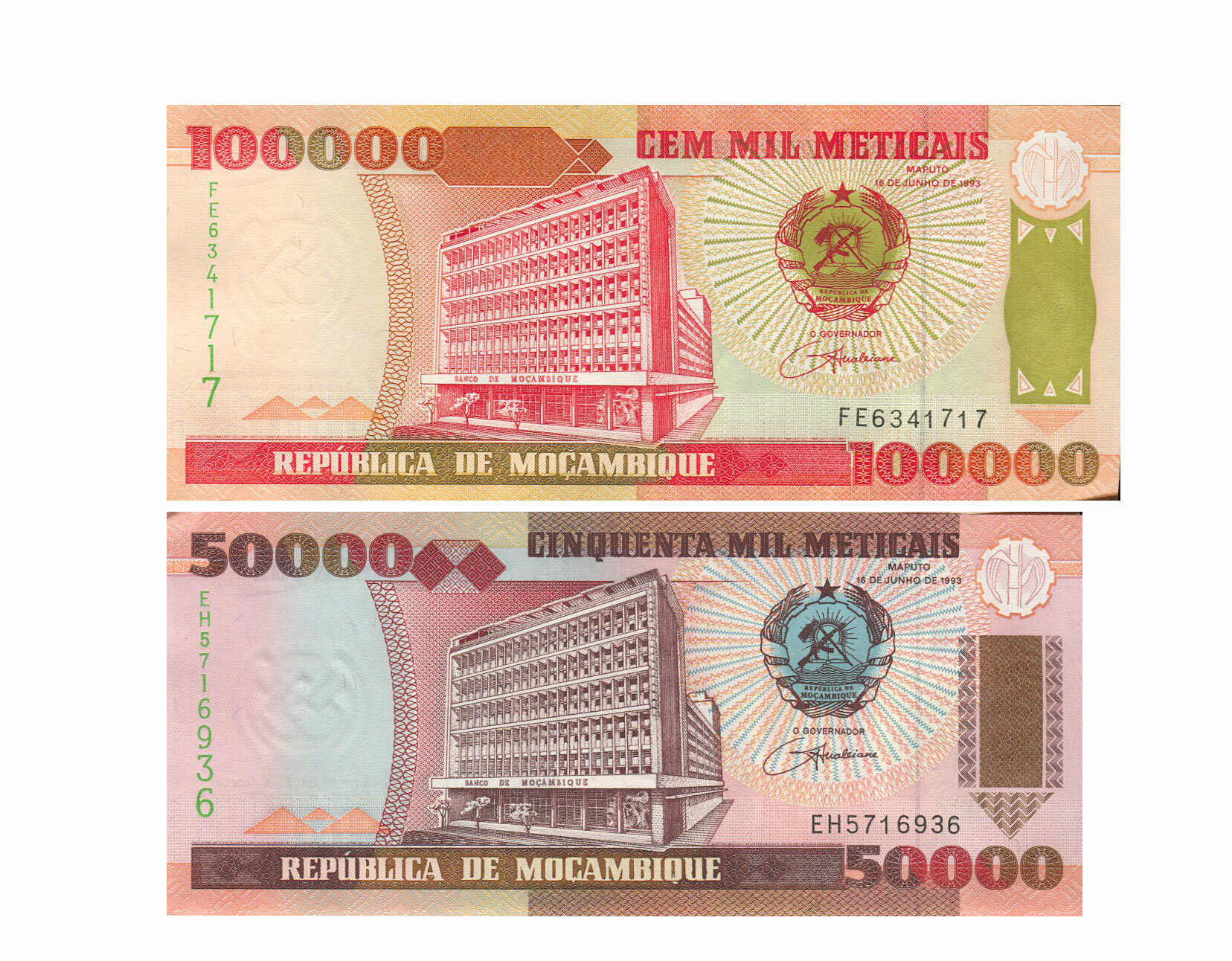 Набор банкнот Мозамбик 100000, 50000 метикал 1993