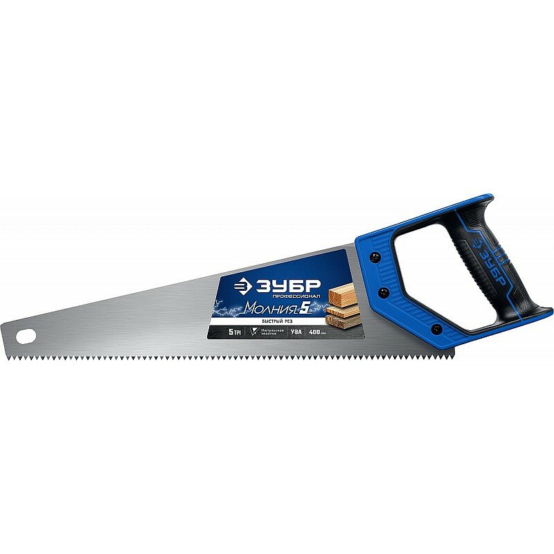 Ножовка по дереву (пила) "МОЛНИЯ-5" 400 мм, 5 TPI, прямой крупный зуб, быстрый рез поперек волокон, для крупных и средних заготовок ЗУБР (15075-40_z02), цена за 1 шт