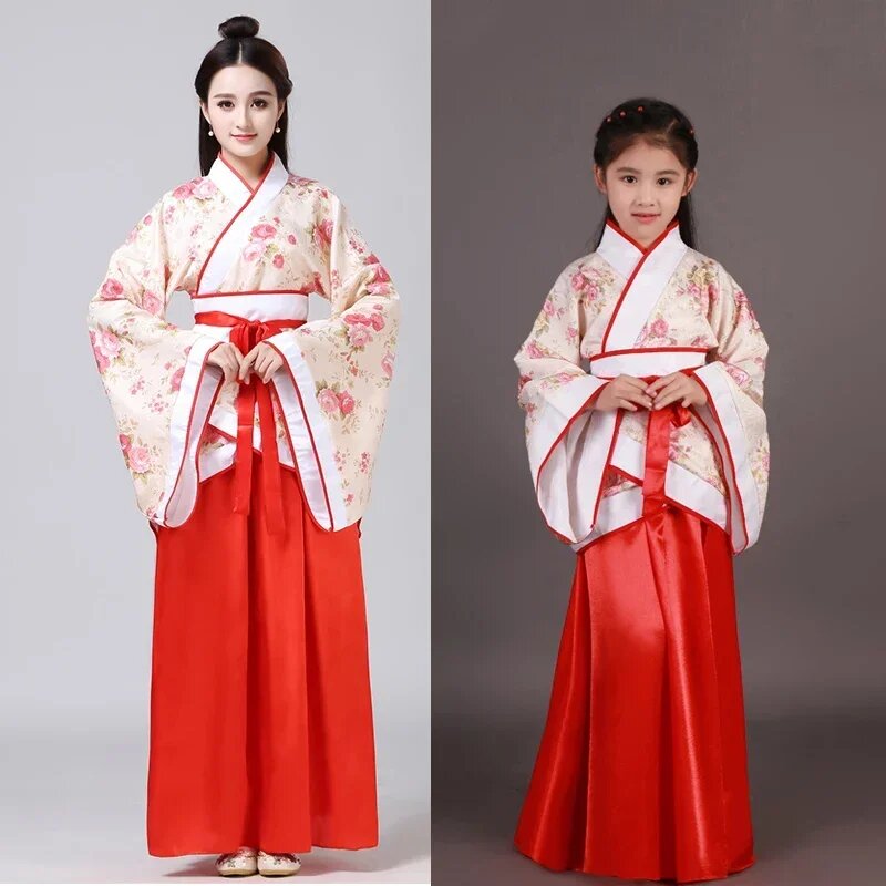 Детский китайский костюм Hanfu, цветок, красный, 7-8Y(120-130cm)