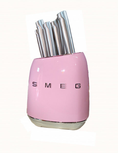 Smeg Набор кухонных ножей из нержавеющей стали, 7 предметов, с подставкой розовый