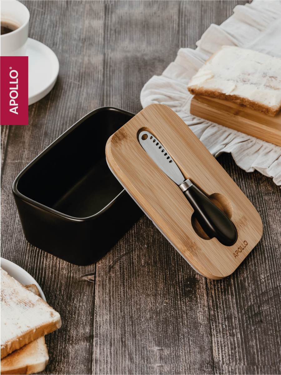 Масленка Apollo "Palmiro", с ножом для масла, фарфоровая, черная, 600 мл