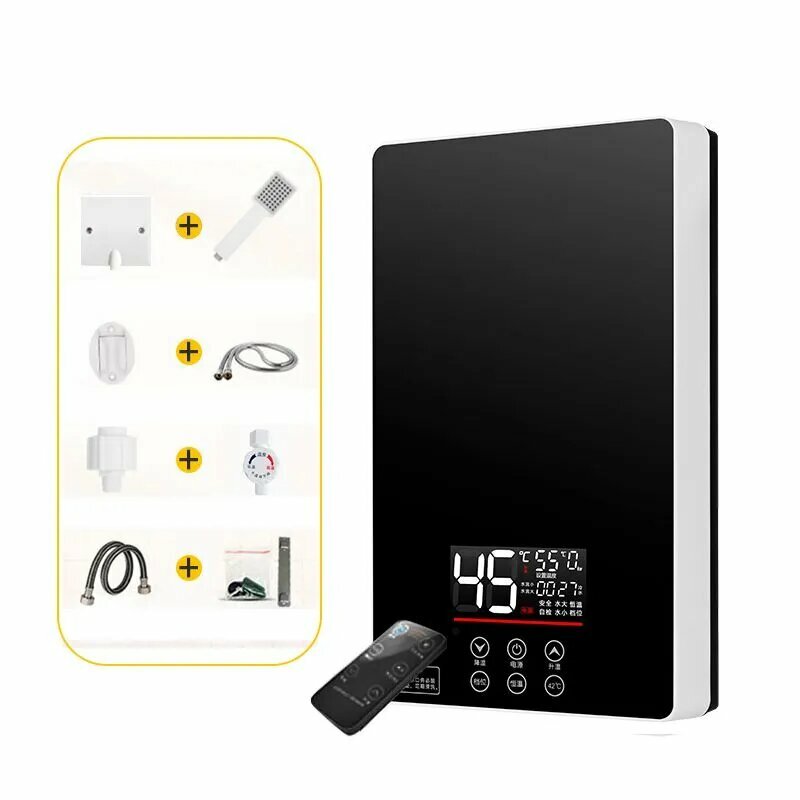 Водонагреватель, 7kW, для ванной и кухни, чёрный, стеклянный, сенсорный, с душем