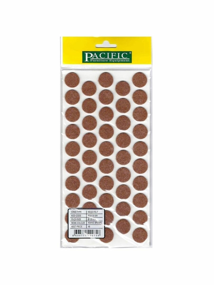 Накладки / наклейки / подпятники войлочные Pacific (Турция) самоклеящиеся под мебель (диаметр 20 мм, 48 шт.), коричневый