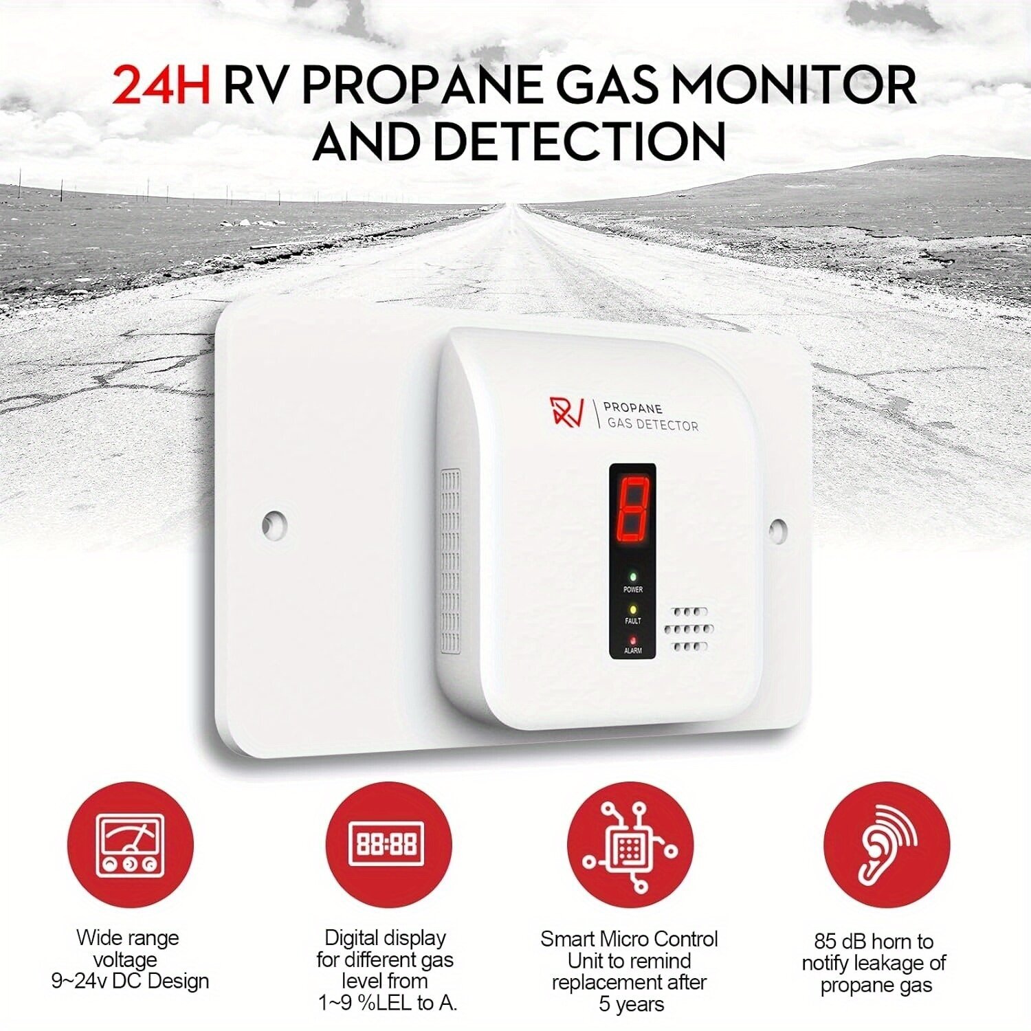 TECHAMOR RV Детектор утечек пропана, R601 RV, проводной DC 12V, цифровой сигнализатор утечек газа и LP для автодома, трейлера, моторного дома, кемпера (черный)
