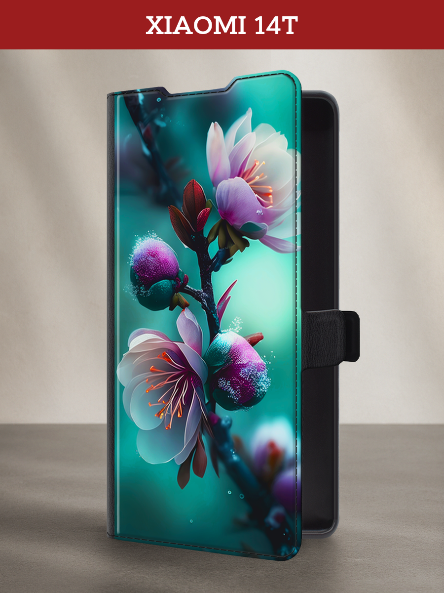 Чехол-книжка на Xiaomi 14T / Сяоми 14Т с принтом Цветущая веточка, черный