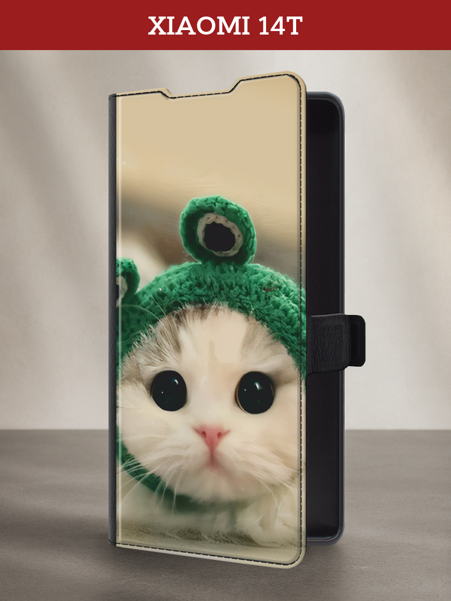 Чехол-книжка на Xiaomi 14T / Сяоми 14Т с принтом Котёнок в лягушачьей шапочке, черный