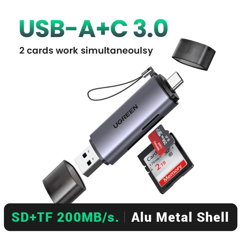 UGREEN Кардридер USB 3.0 & USB C для SD, Micro SD, TF 2in1 Alu-alloy Shell