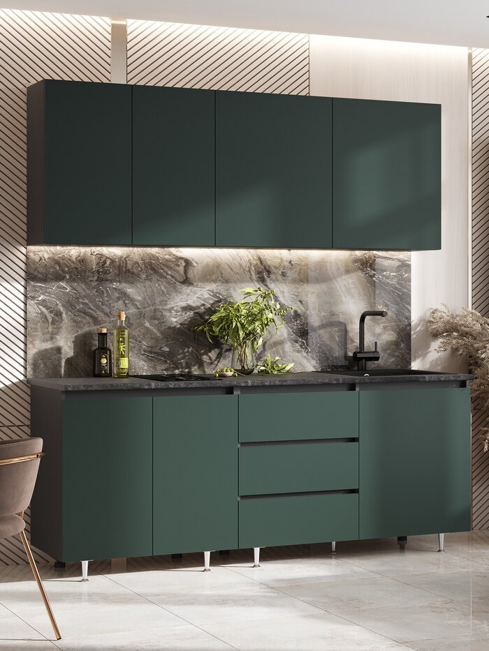 Кухонный гарнитур прямой «Челси №2», 2000 мм, цвет изумрудный/графит/кастилло