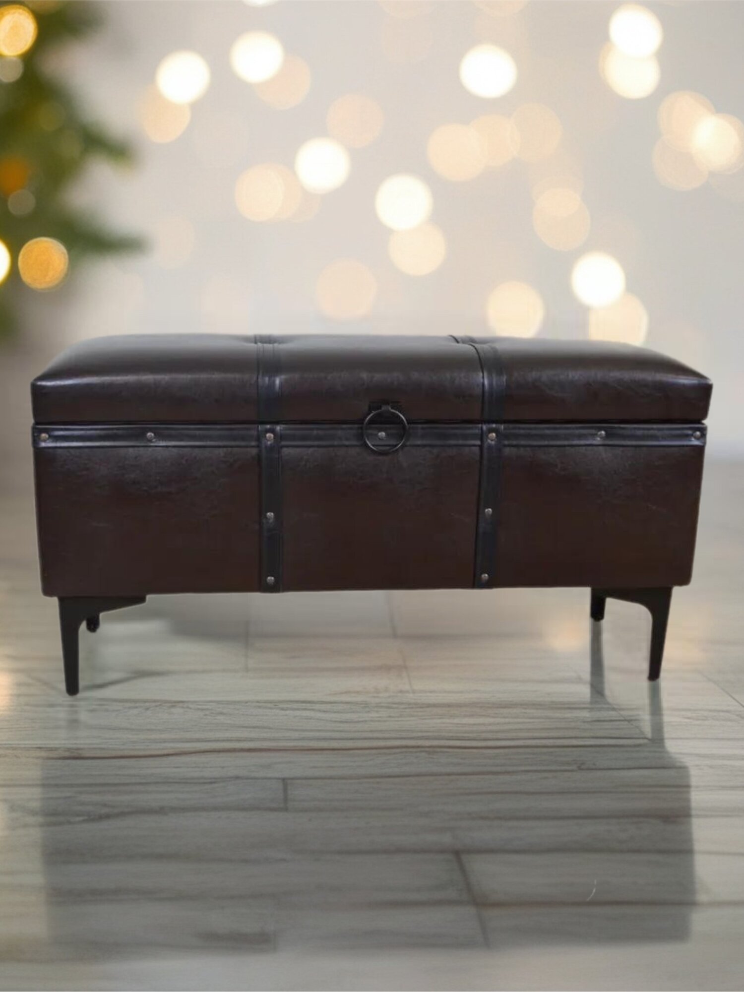 Банкетка на металлических ножках из коричневой кожи OCTOBERHOME